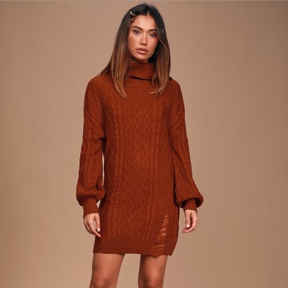 Lulus | Dresses | Lulus Knit Me Up Rust Red Cable Knit Turtleneck Sweater Dress | Poshmark